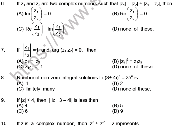 JEE Mathematics Complex Numbers MCQs Set C with Answers